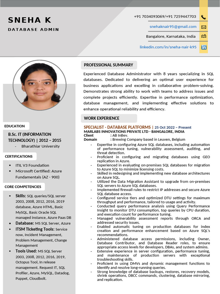 Sneha K Cv Pdf Databases Microsoft Sql Server