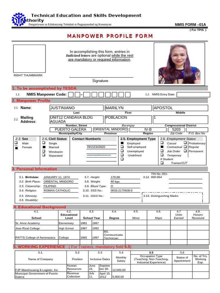 TESDA Manpower Profile Form Guide | PDF