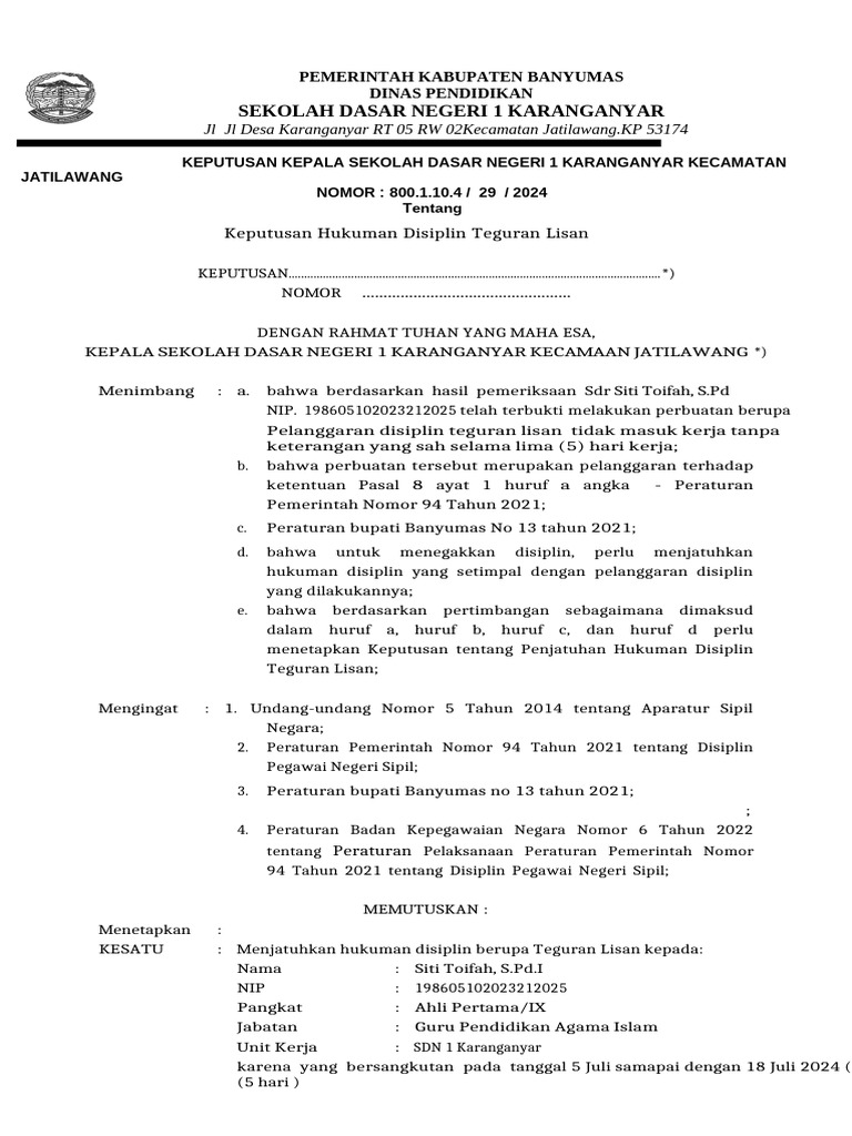 surat keputusan ks ttg teguran lisan | PDF