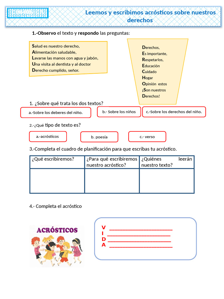 D1 A1 FICHA COM. Leemos y escribimos acrósticos sobre nuestros derechos | PDF