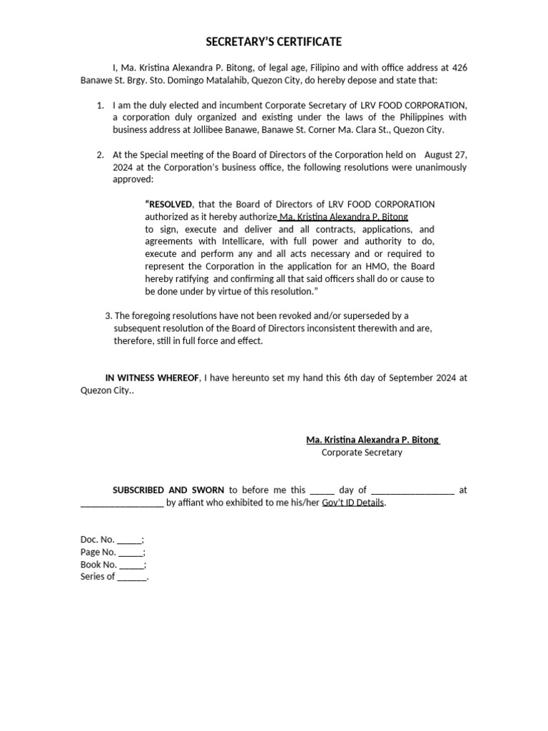 Sec Cert Template For Authorized Representative | PDF