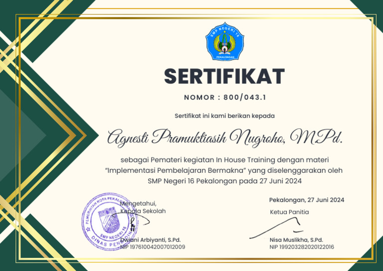 Sertifikat Pemateri IHT | PDF