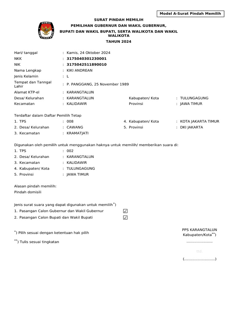 Karangtalun Surat Pindah Pemilih | PDF