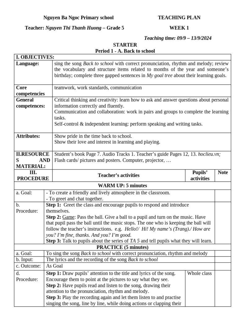 Grade 5 Teaching Plan: Back to School | PDF | Information | Question