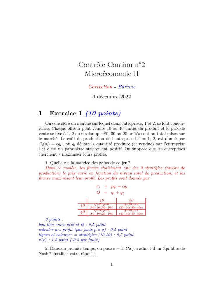 Correction Contrôle Continu Microéconomie II | PDF | Économie d ...