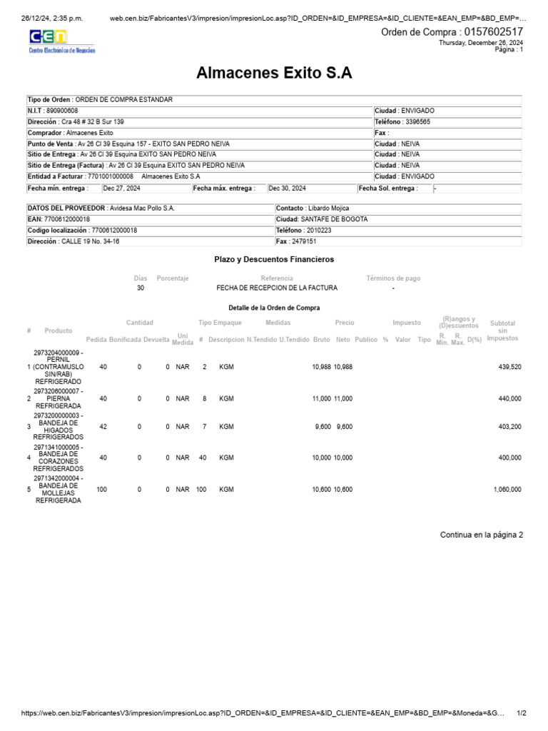 Orden de Compra Exito a Avidesa 2024 | PDF | Documentos empresariales ...