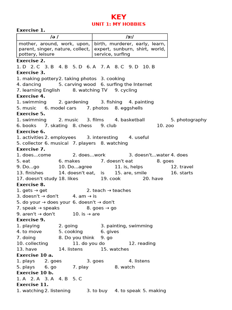 UNIT 1 - KEY | PDF | Hobbies