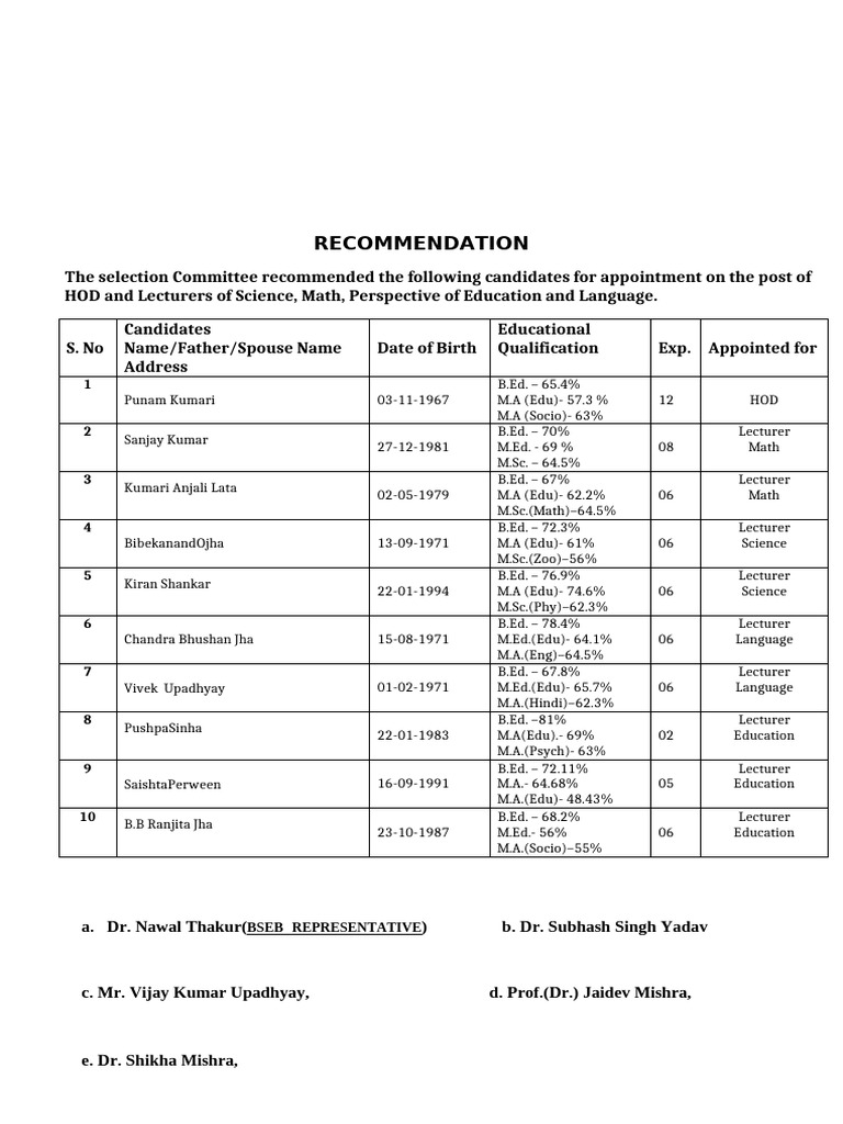 Recommendation Sheet | PDF