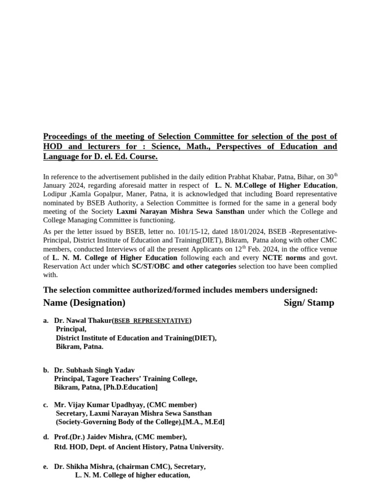 Selection Committee LNMC o HE | PDF