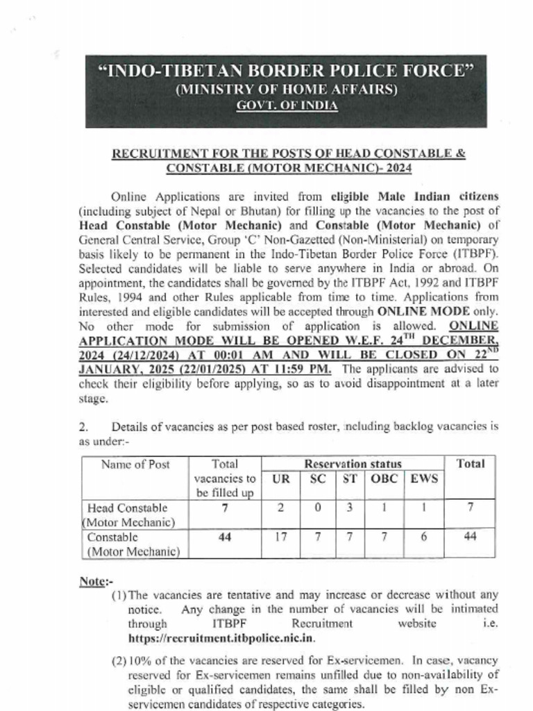 ITBP_HC_Motor_Mechanic_Detail_Notification_2024 | PDF