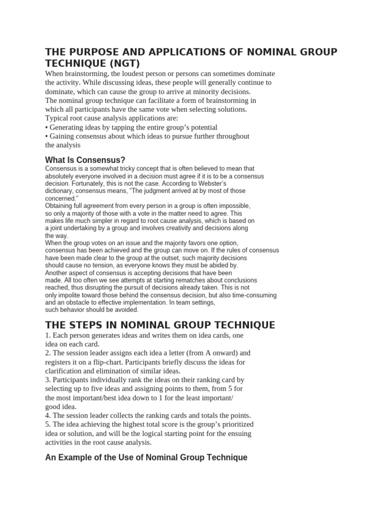 THE PURPOSE AND APPLICATIONS OF NOMINAL GROUP TECHNIQUE (NGT) | PDF | Consensus Decision Making ...