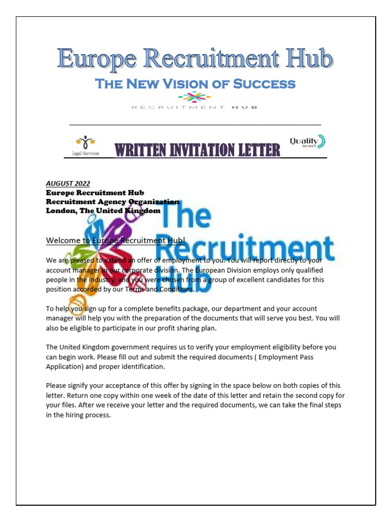 Written Invitation Letter Europe Recruitment Hub | PDF