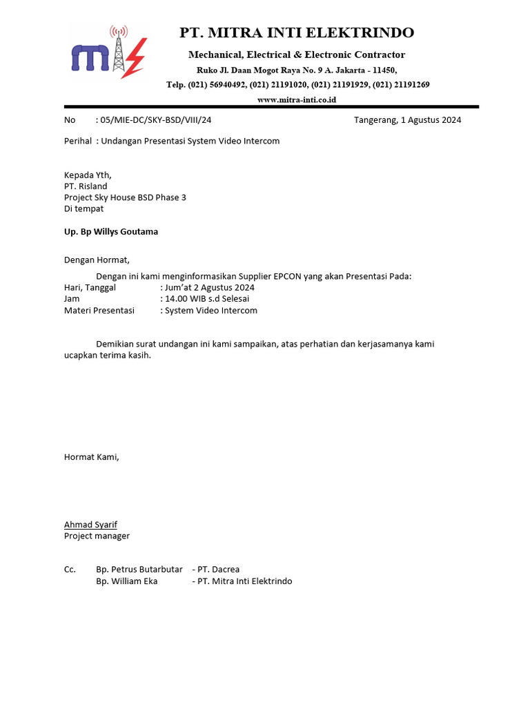 005 Surat Undangan Presentasi System Video Intercome | PDF