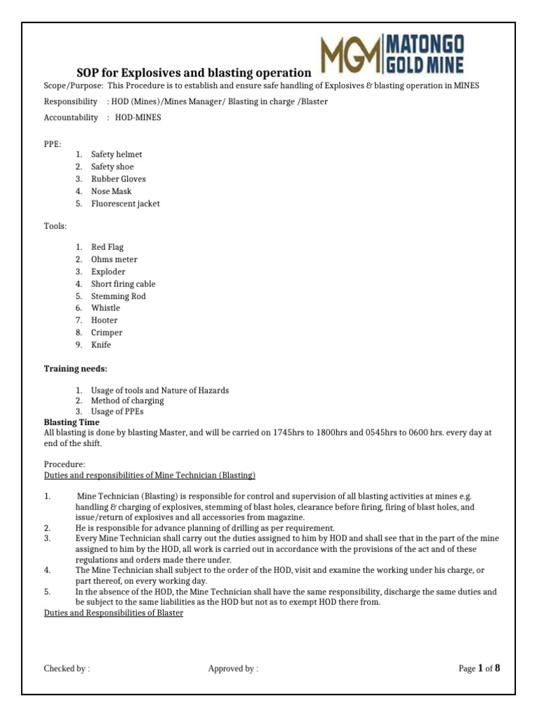 SOP for Safe Explosives Handling in Mines | PDF