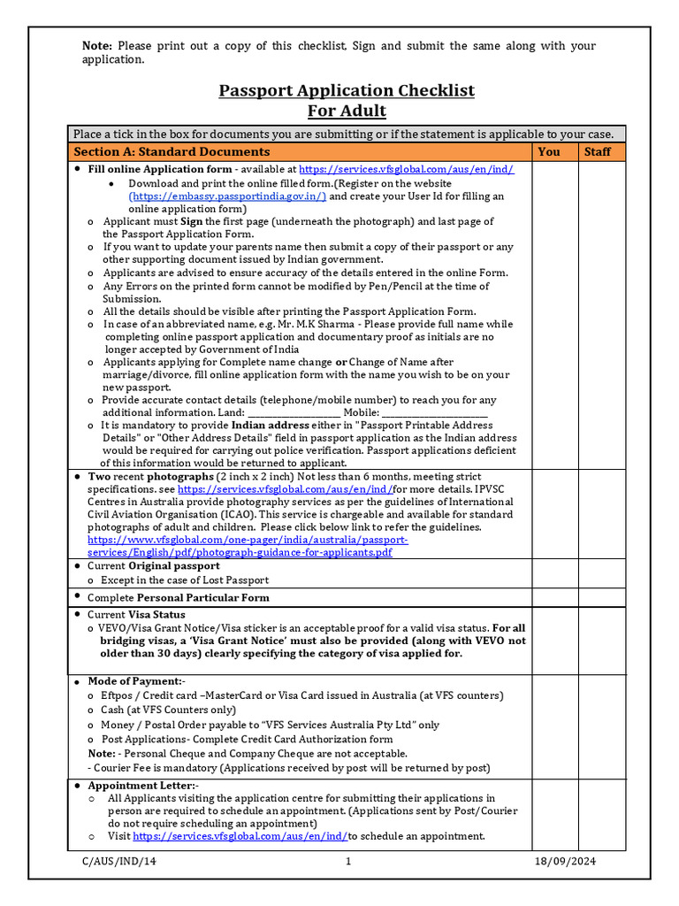 VFS Passport Renewal Checklist Australia | PDF | Visa Inc. | Notary Public