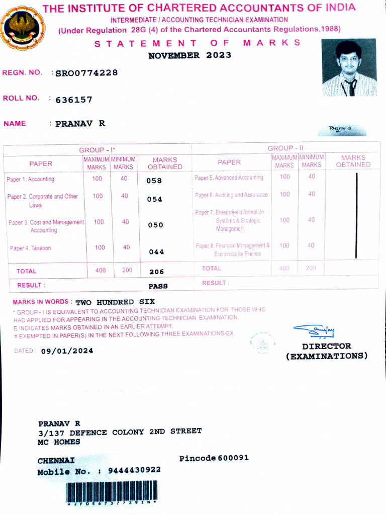 Ca Intermediate Marksheet | PDF | Accounting | Accountant