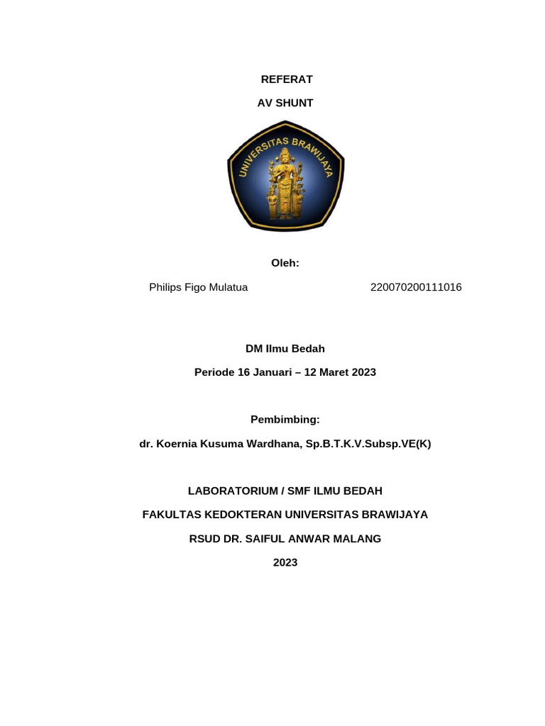 Panduan Lengkap AV Shunt untuk Hemodialisis | PDF
