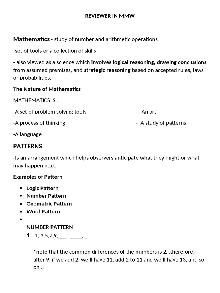 REVIEWER IN MMW | PDF | Set (Mathematics) | Numbers