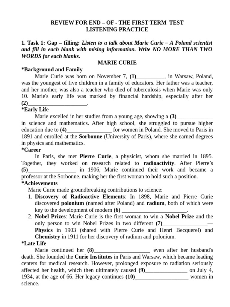 Review For End of First Term Test | PDF | Marie Curie