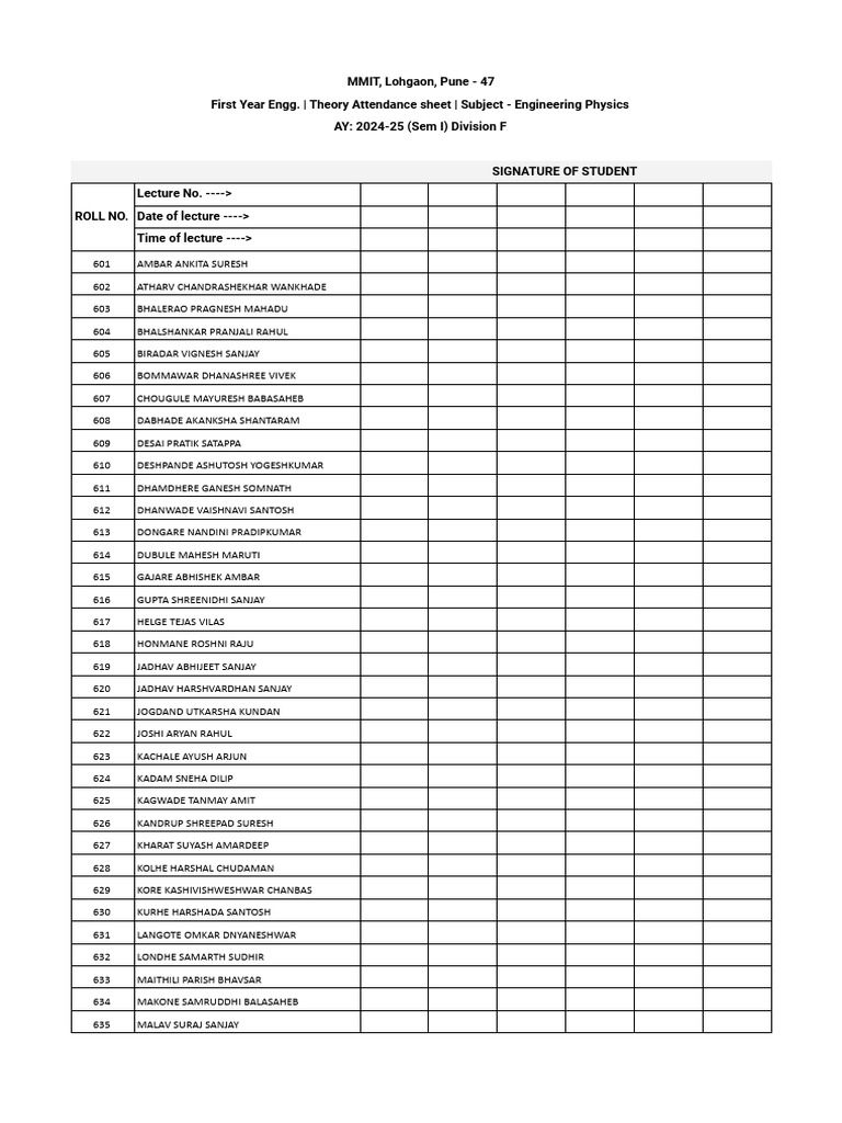 TH (A, B, C, D) - Daily Attendance Sheet - FE 24-25 - TH-DivF | PDF