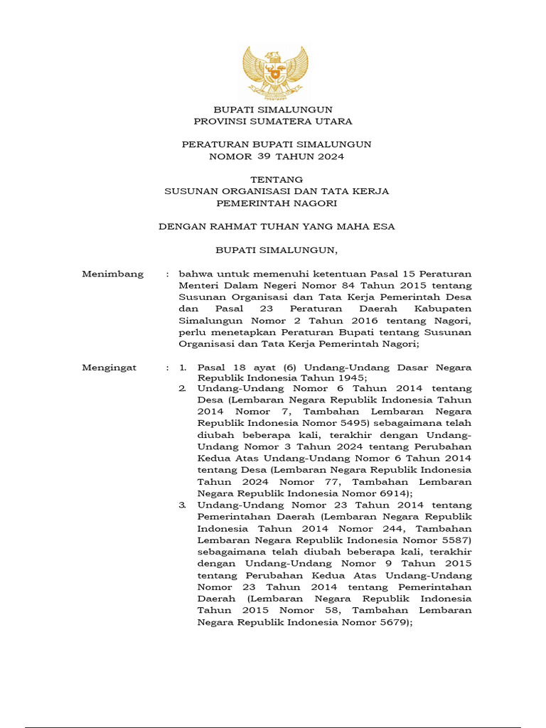 Perbup 39 Tahun 2024 Ttg SOTK Pemerintah Nagori - Ttd Sekda BERITA ...