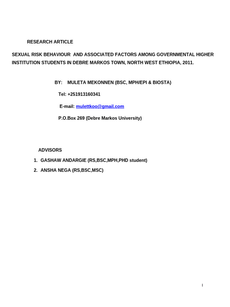 MULETA MEKONNEN Thesis Article | PDF | Sexually Transmitted Infection | Human Reproduction