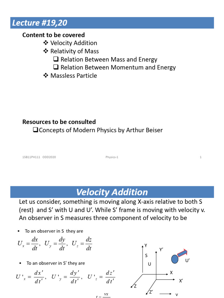 L19 Velocity Addition and Mass Energy Relation | PDF | Special ...