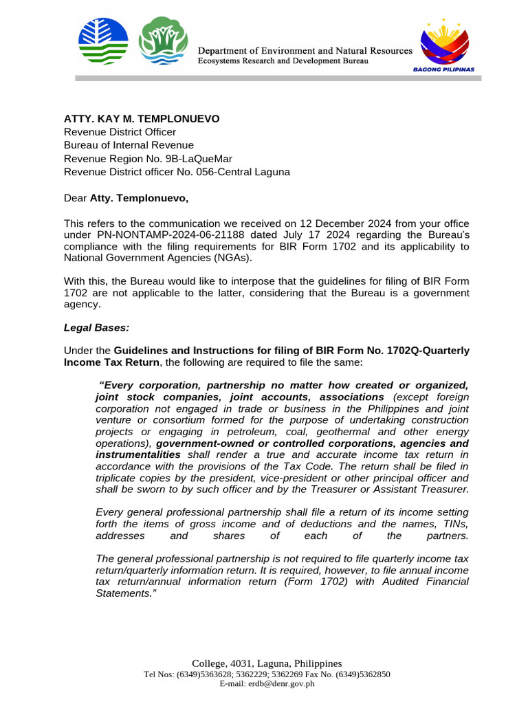 Reply To BIR of Filing of BIR Form 1702 Edited | PDF | Taxes | Partnership