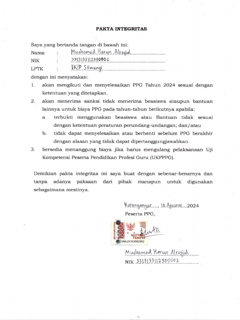 Pakta Integritas PPG Prajabatan | PDF