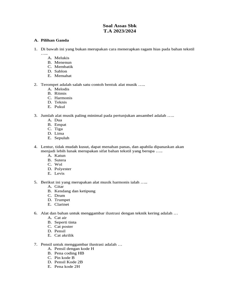 SOAL ASSAS TA 2023-2024 SBK | PDF