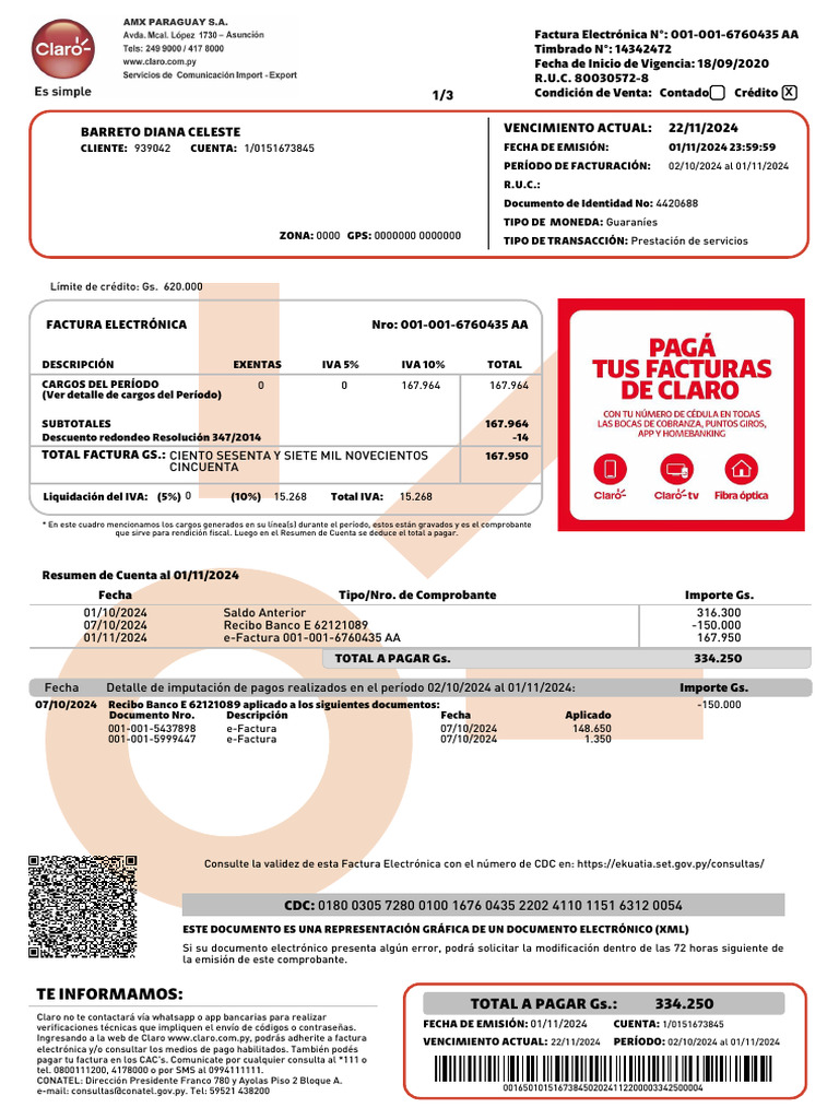 factura-claro-151673845-11-2024 | PDF | Factura | Pagos