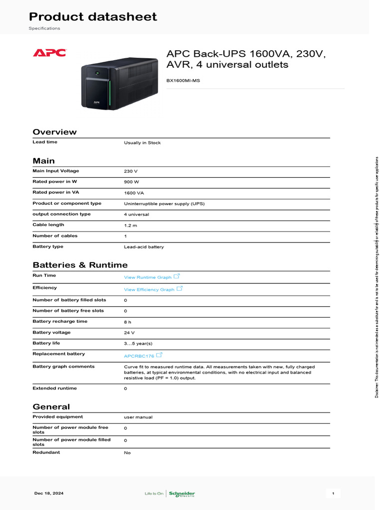 Schneider Electric - BackUPS - BX1600MI-MS | PDF | Power Supply ...