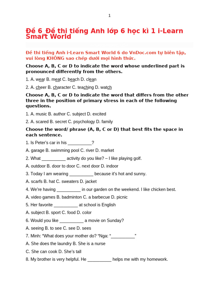 Đề 6 - TA HK1 | PDF | Vietnam