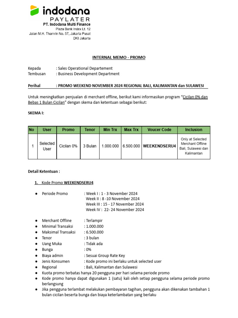 Surat Pemberitahuan Promo Weekend November 2024 - BALI, KALIMANTAN & SULAWESI - Ref 1.docx | PDF