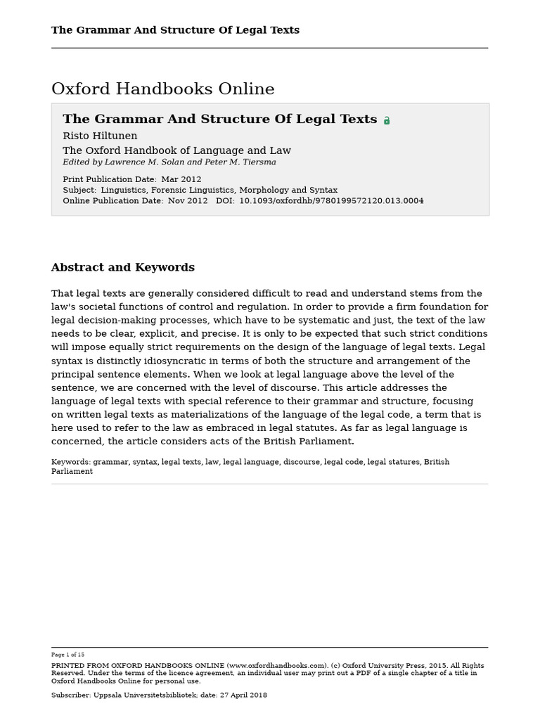 The Grammar and Structure of Legal Texts | PDF | Syntax | Clause