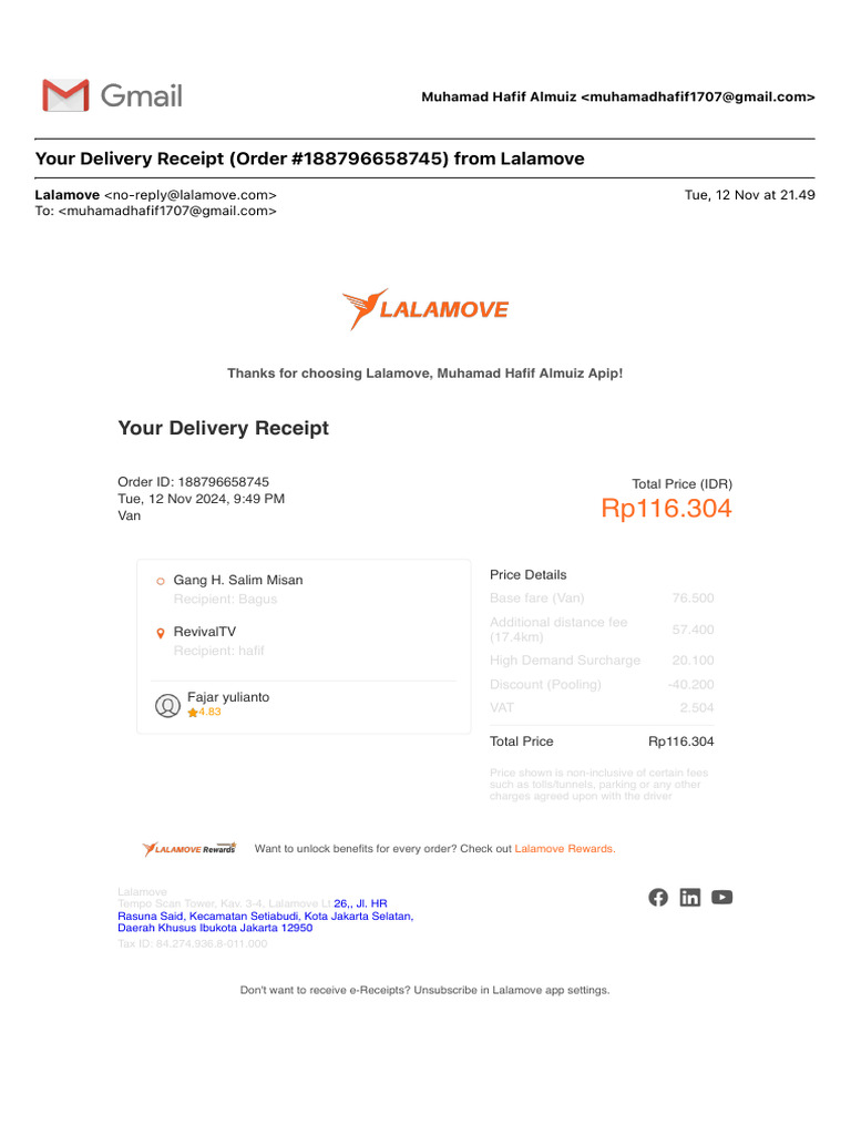 Your Delivery Receipt (Order #188796658745) From Lalamove | PDF | Money ...