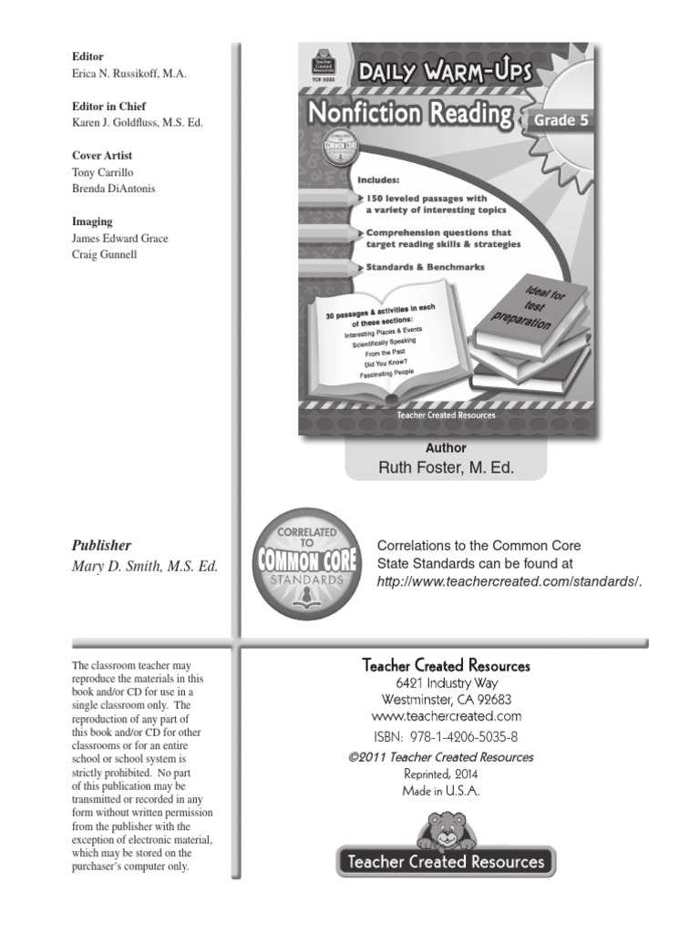 Daily Warm-Ups Nonfiction Reading Grade 5 Standard E-Book | PDF ...