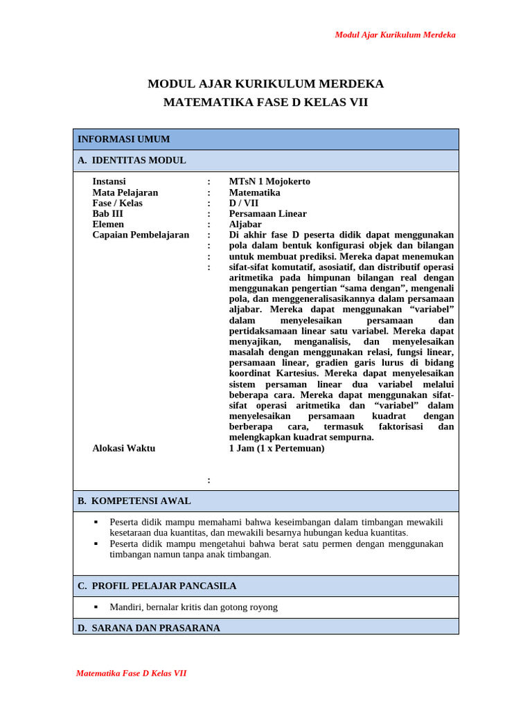 Modul Ajar BAB III Persamaan Linear | PDF