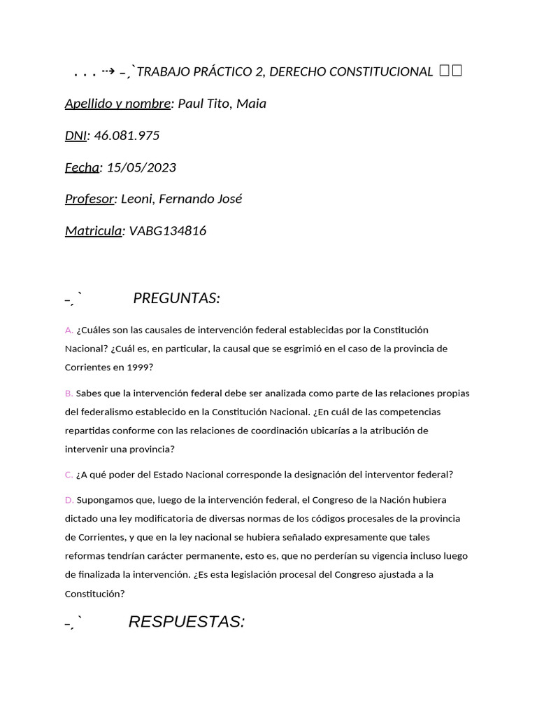 Derecho Const. TP 2 | PDF | Federación | Constitución