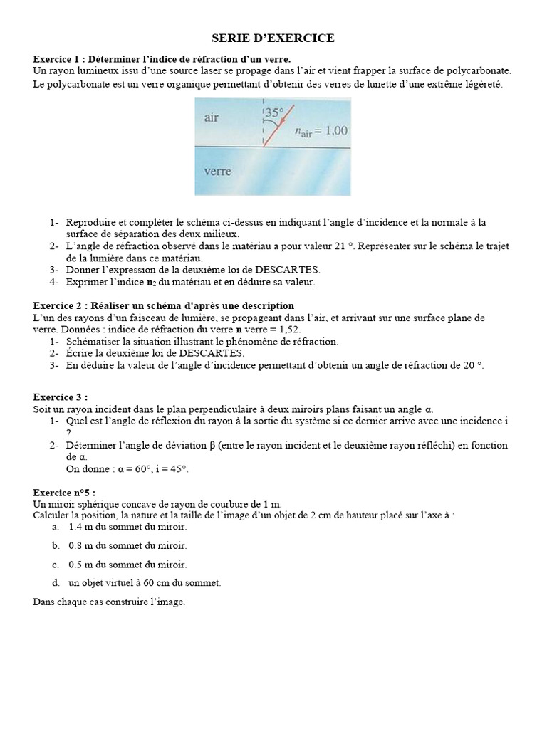 Exercices sur la réfraction et miroirs | PDF
