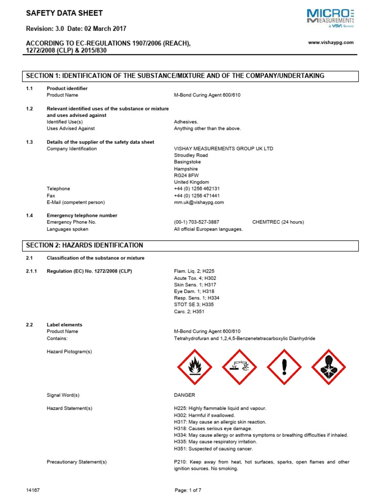 3131 14167 M Bond Curing Agent 600 610 SDS EU UK | PDF | Toxicity ...
