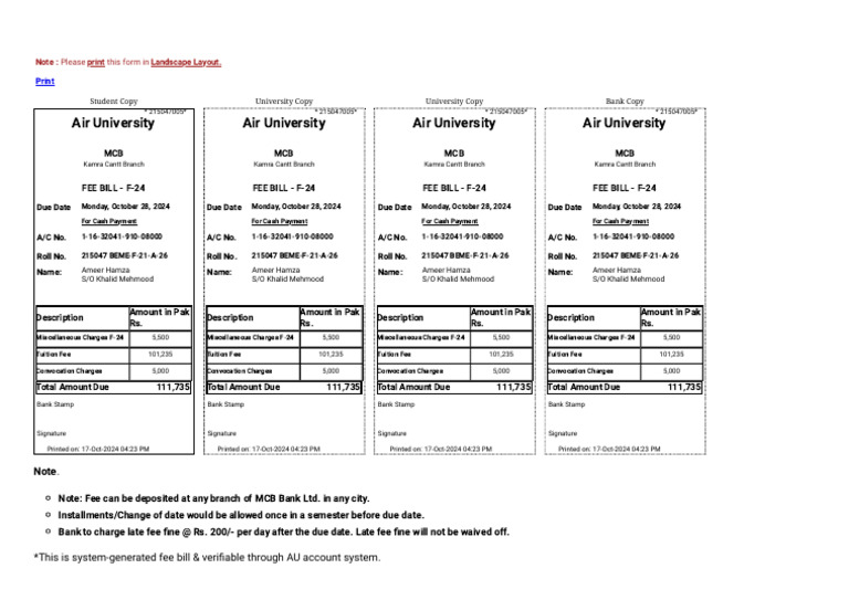 Challan Form - Air University | PDF | Money | Payments