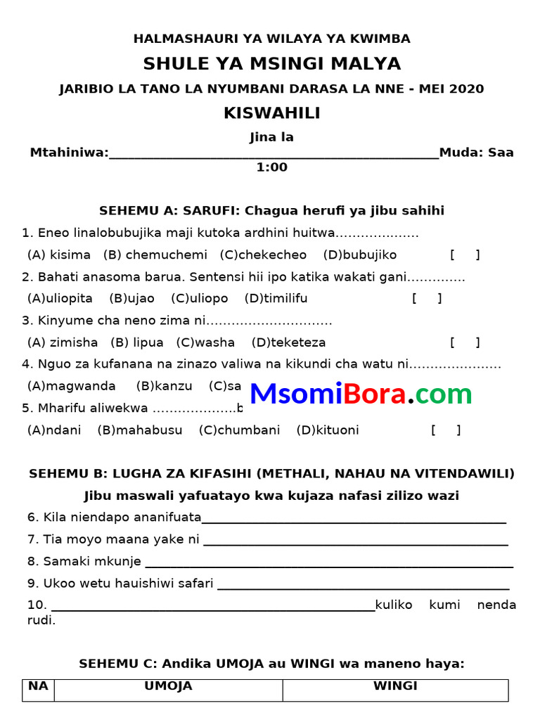 Mitihani Darasa La Nne Agosti 2019 | PDF