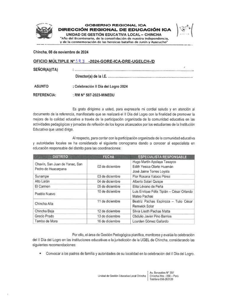 OFICIO MÚLTIPLE #323 II Día Del Logro | PDF