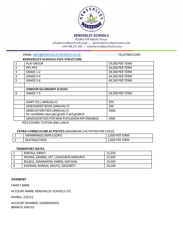 Kensvalley Schools Fee Structure 2023 | PDF | Tuition Payments | Fee