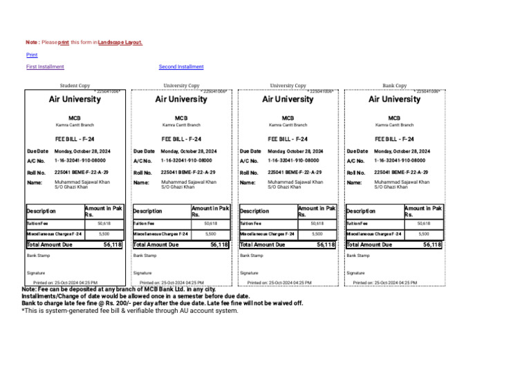 Air University Fee Bill for 225041006 | PDF