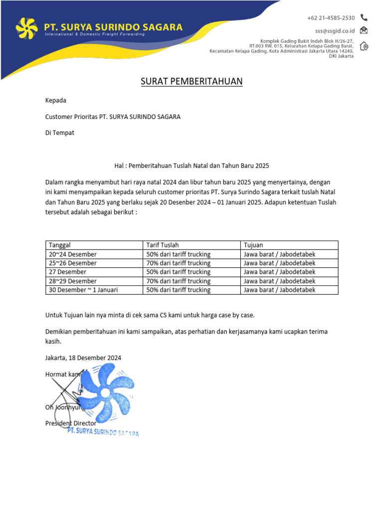 PT. SSS 2024 Pemberitahuan Tuslah Natal Dan Tahun Baru 2025 (P) | PDF