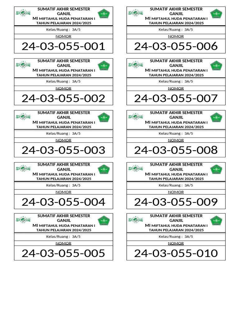 Nomer Peserta Ujian Meja Kelas 3 New | PDF