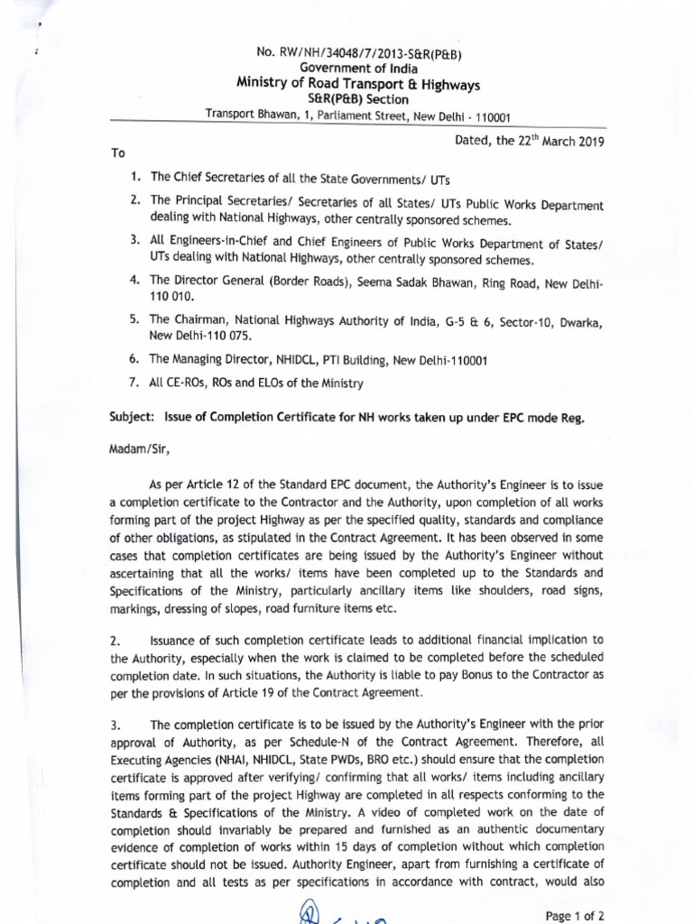 Issue of Completion Certificate For EPC Works | PDF