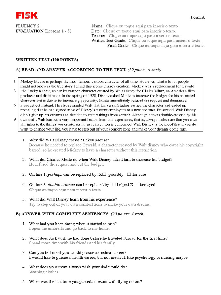 Written Test Fluency 2 - 1-5 A | PDF